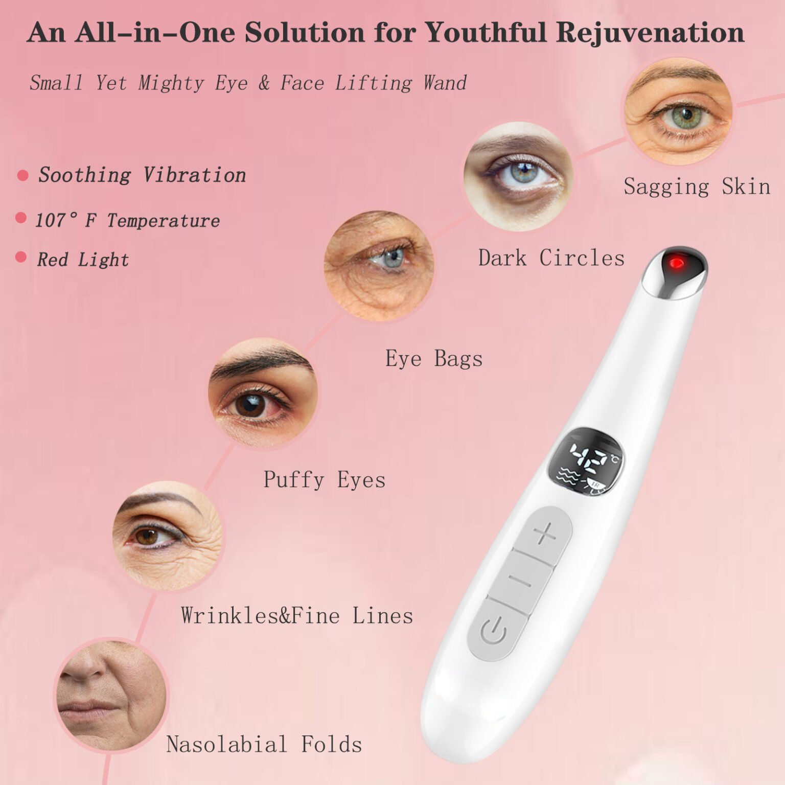 Eye Lift Wand, Vowleike 3 in 1 Vibrating Red Light 98°F to 113°F LCD ...