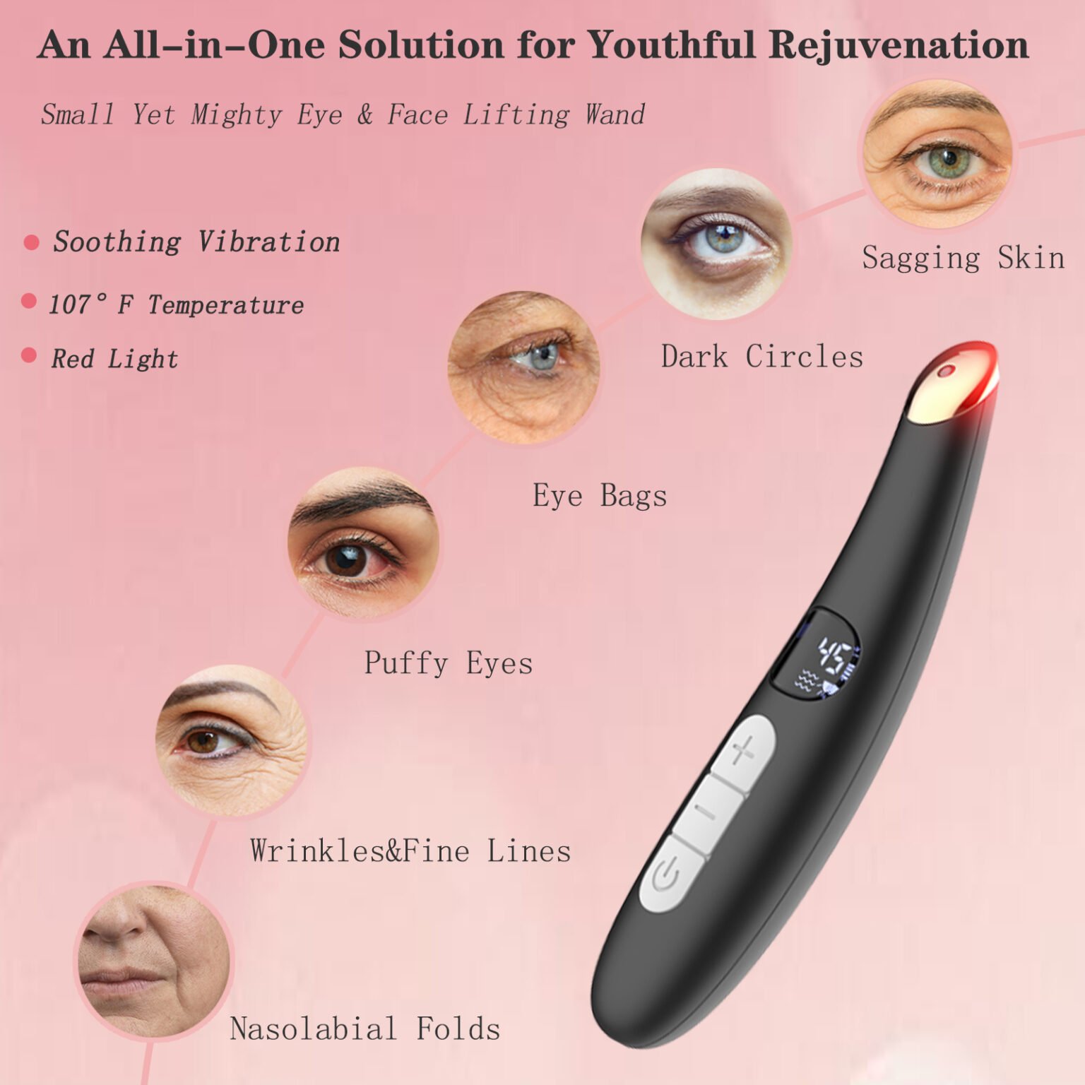 Eye Lift Wand, Vowleike 3 in 1 Vibrating Red Light 98°F to 113°F LCD ...